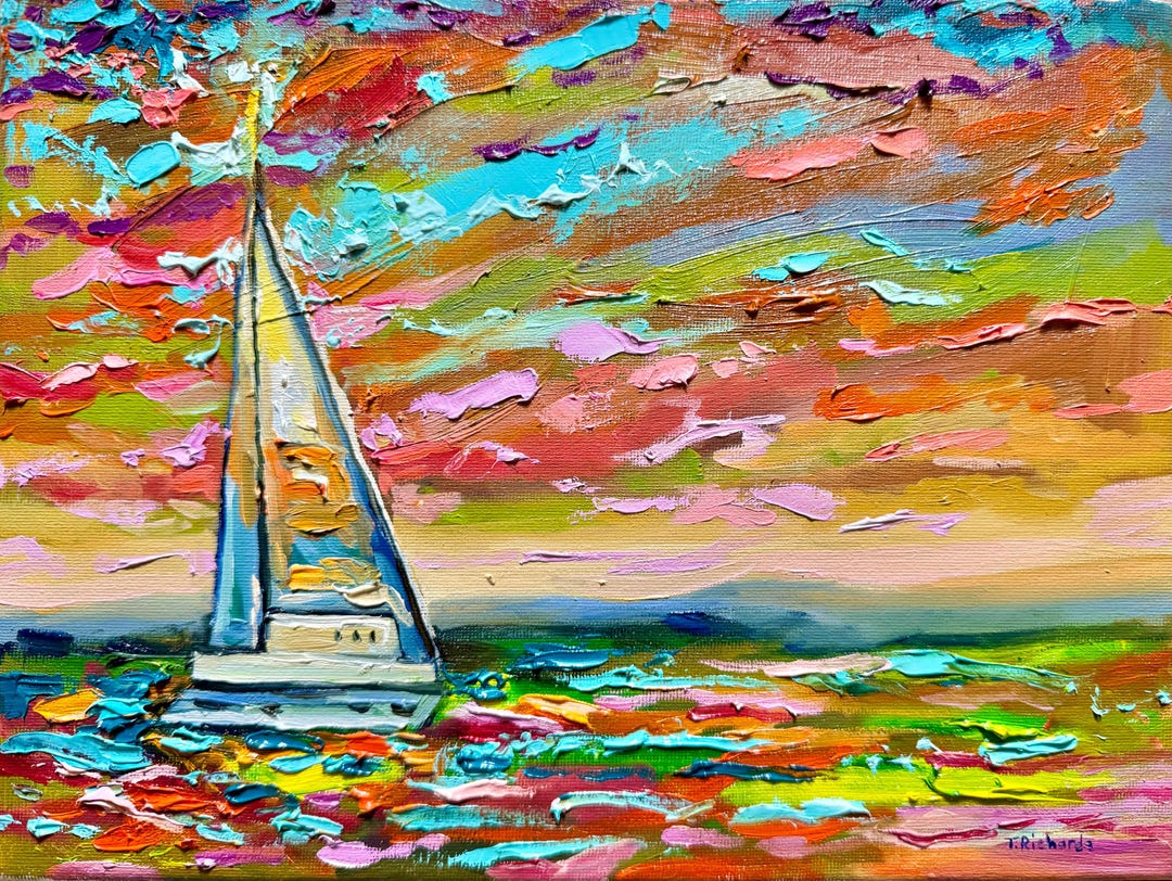 Sailboat Painting ORIGINAL Art Ocean Seascape Artwork Impasto Boat Wall ...