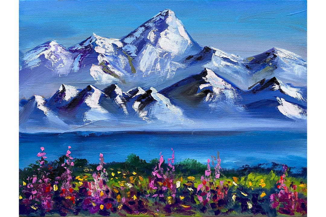 Alaska ORIGINAL Art Mountain Painting Lupine Artwork Impasto Wall Art ...