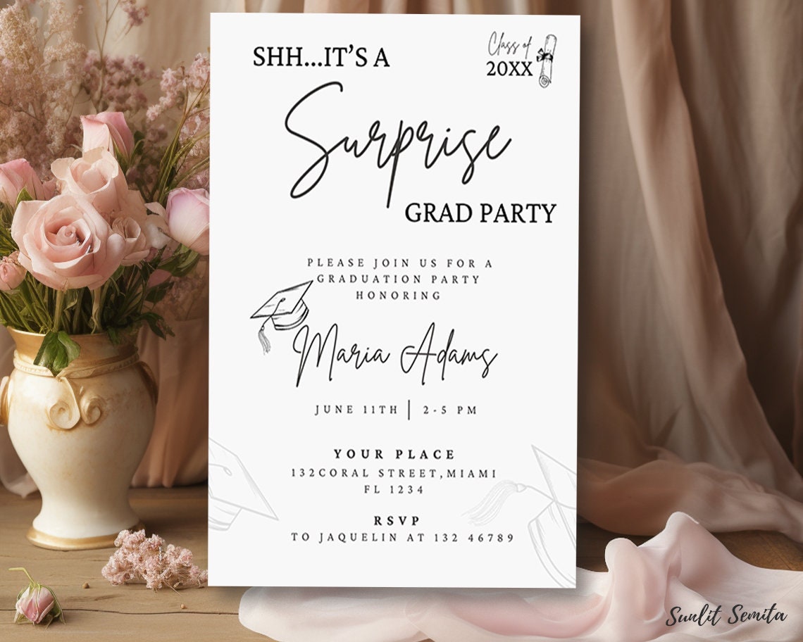 Surprise Graduation Party Invitation: Minimalist Black & White ...