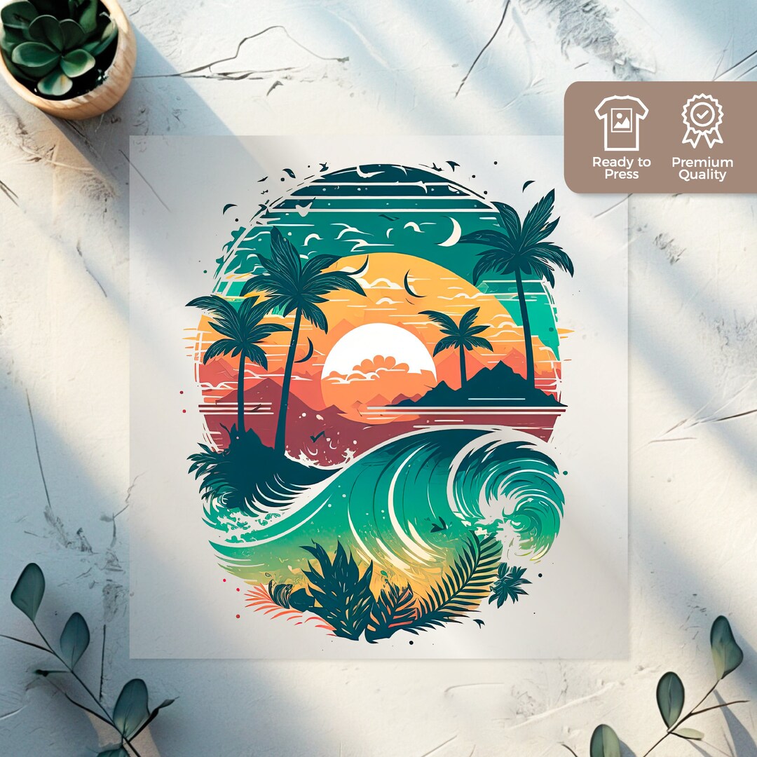 Sunset Beach DTF Transfer, Tropical Beach Surf Design, Ready to Press ...