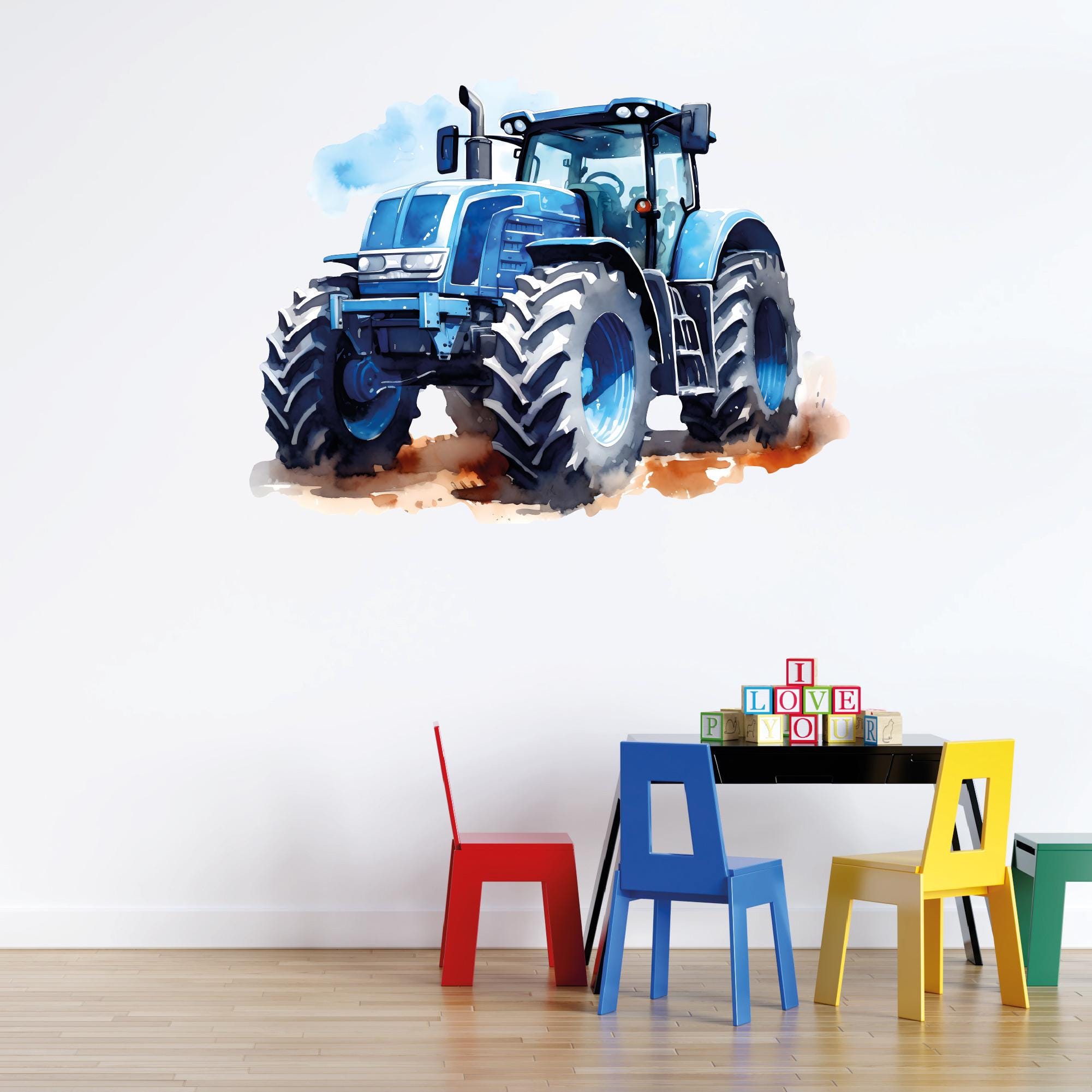 Farm Tractor Wall Decal Watercolor Blue Tractor Wall Decals Nursery ...