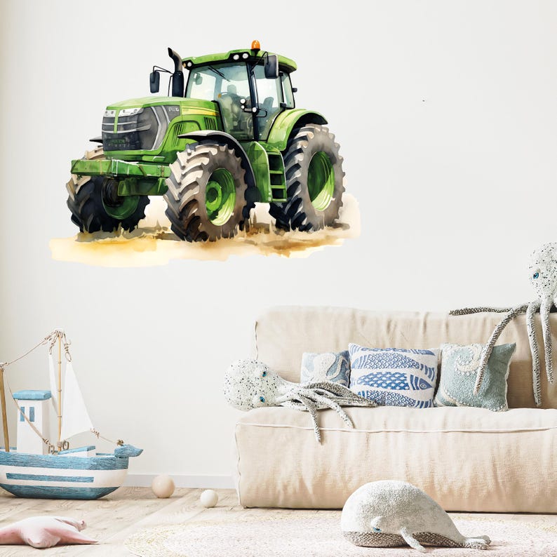 Tractor Wall Decal Watercolor Green Tractor Wall Decals Nursery Kids ...