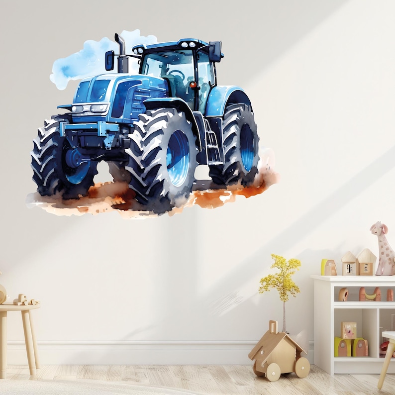Farm Tractor Wall Decal Watercolor Blue Tractor Wall Decals Nursery ...