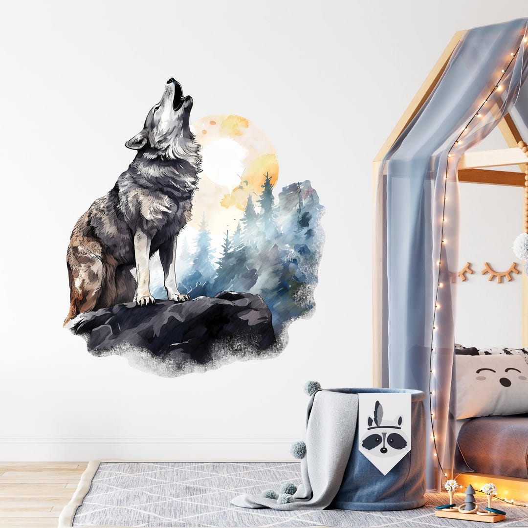 Wolf Wall Decal Wolf Howling at Moon Wall Decals Nursery Kids Bedroom ...