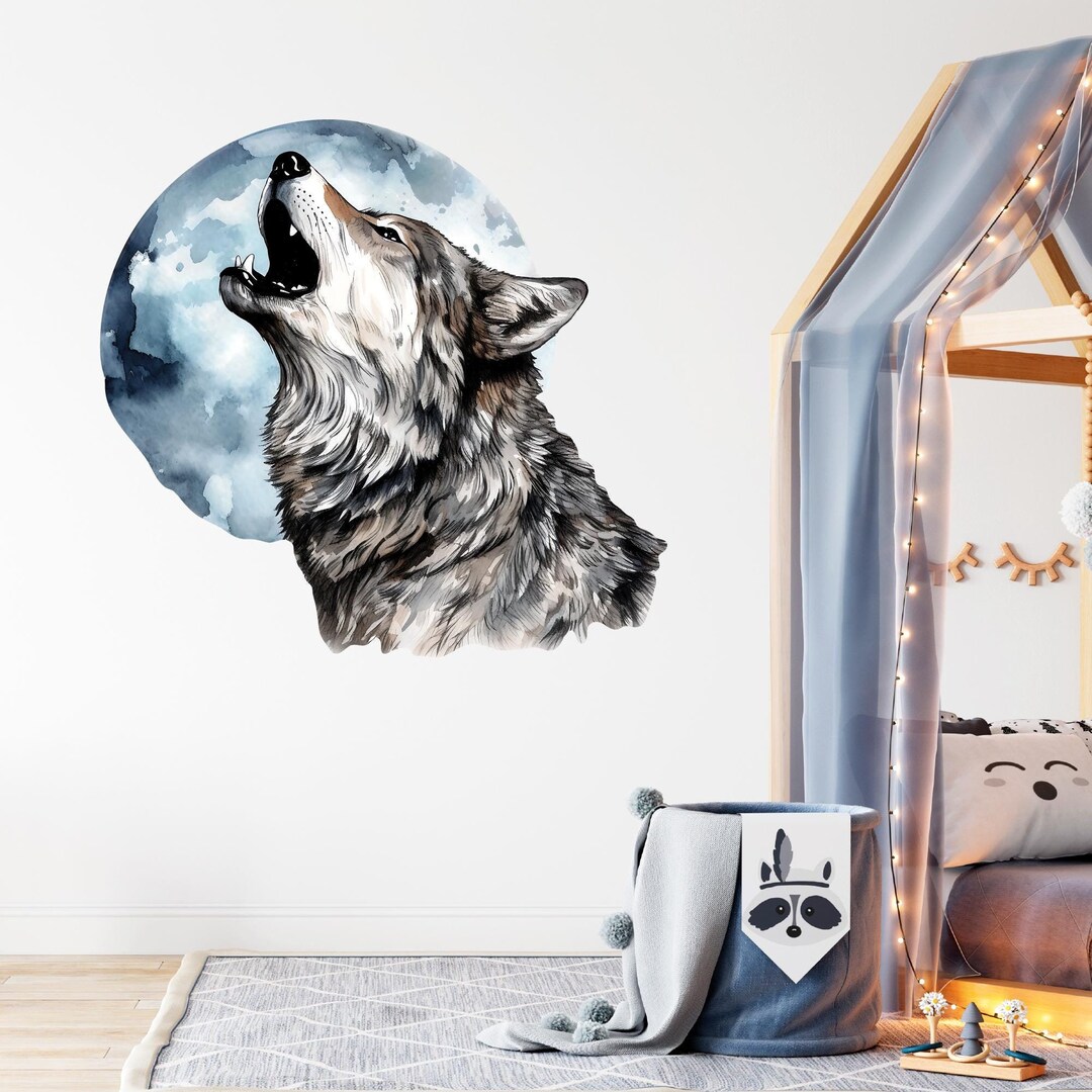 Moon Wolf Wall Decal, Wolf Howling at Full Moon Wall Decals, Kids Room ...