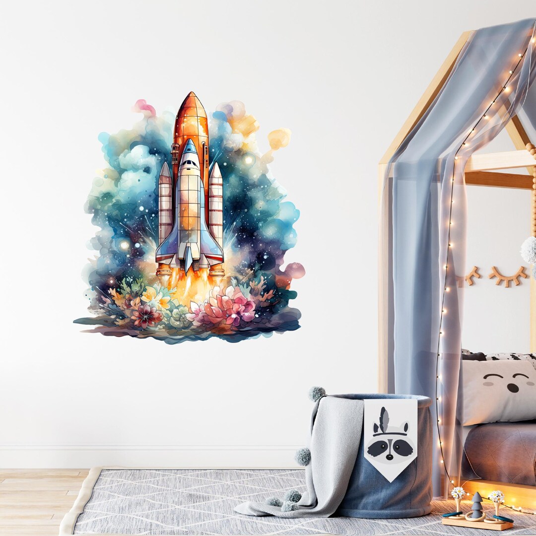 Rocket Wall Decal, Watercolor Rocket Ship Wall Sticker, Outer Space ...