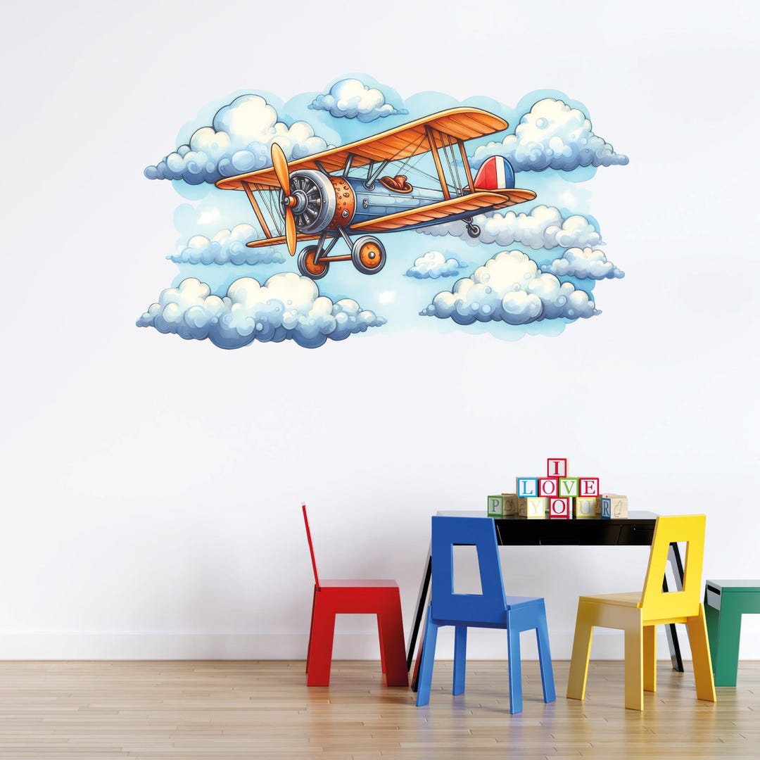 Airplane Wall Decal Watercolor Plane Wall Stickers Clouds Vintage ...