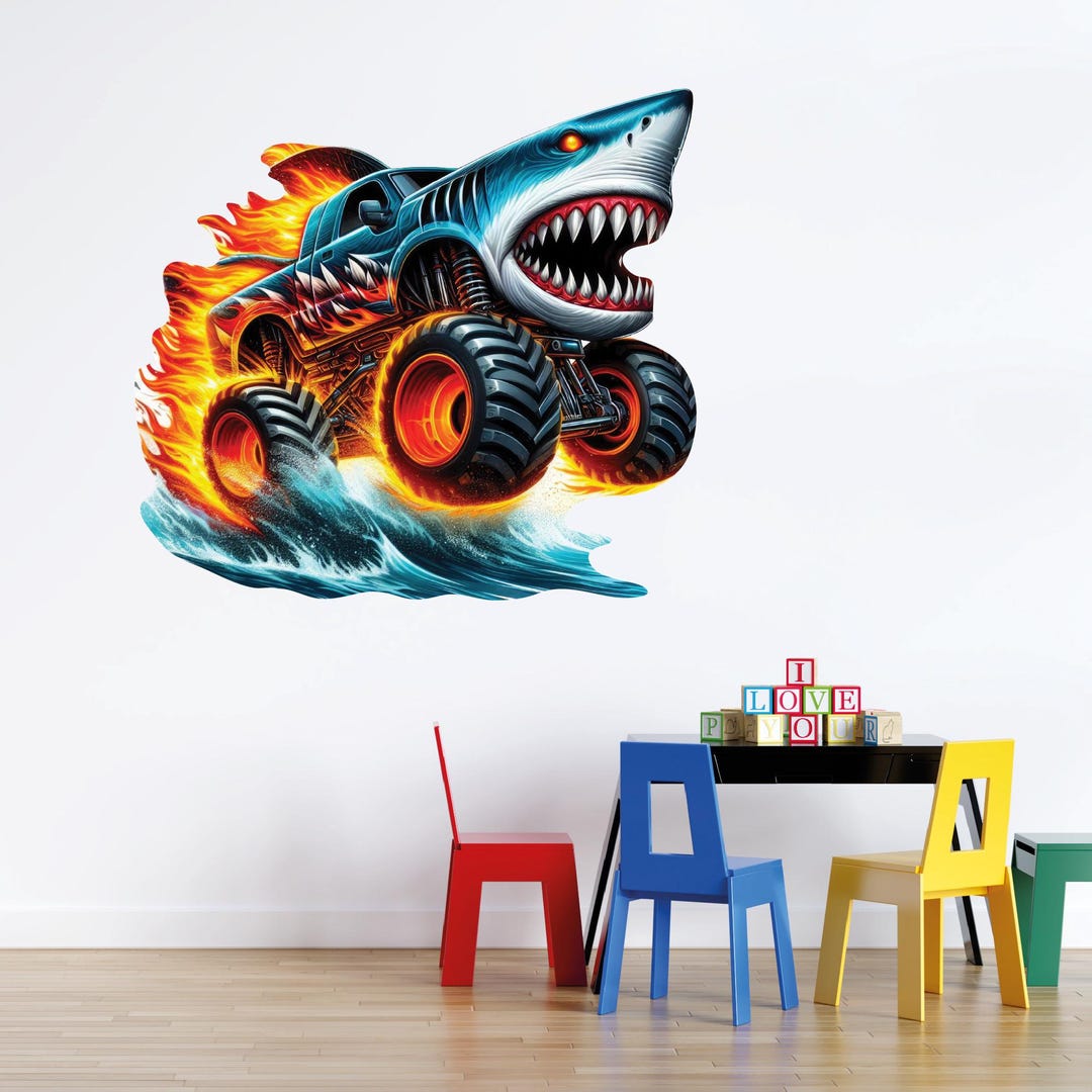 Monster Truck Shark Wall Decals, Watercolor Monster Trucks Shark Wall ...