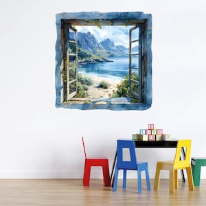 Window Beach Wall Decal Watercolor Beach View Landscape Wall Decals ...