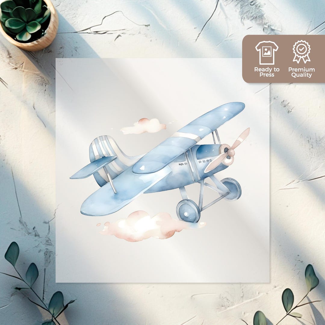 Blue Airplane DTF Transfer, Watercolor Ready-to-press Design for Kids ...