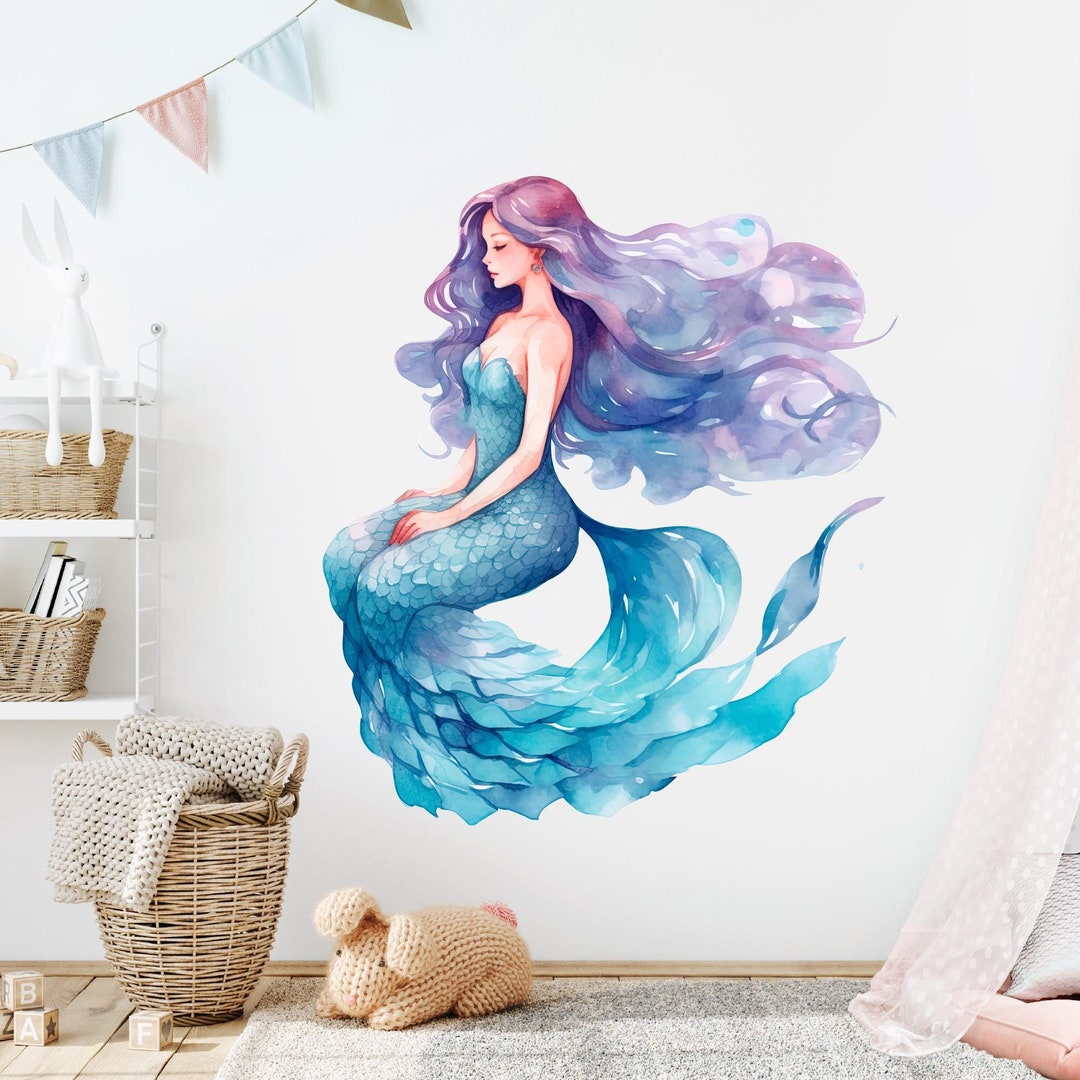 Mermaid Wall Decal Cute Watercolor Wall Decals Nursery Girls Bedroom ...