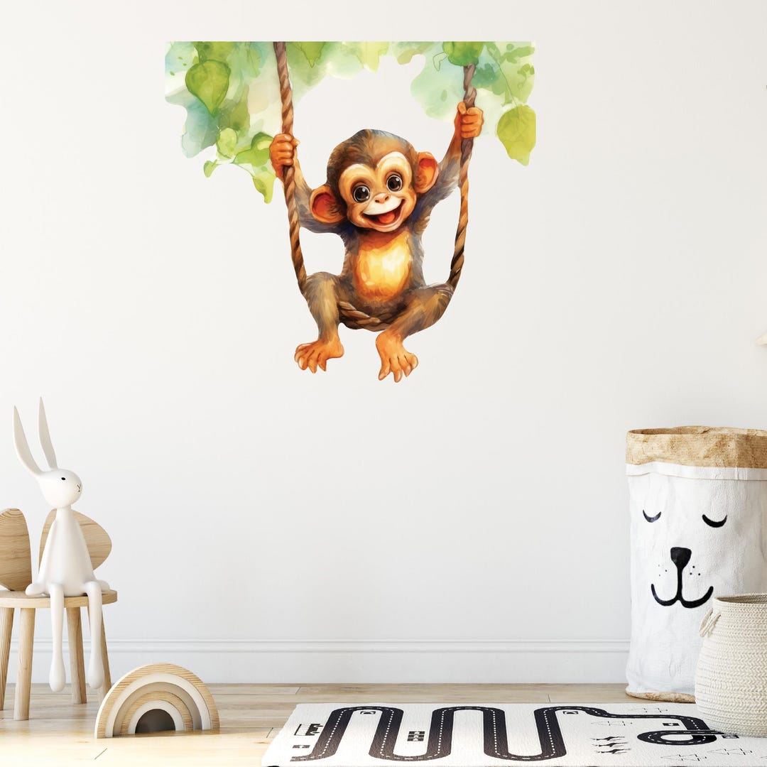 Monkey Wall Sticker - Watercolor Nursery Wall Decals, Jungle Monkey ...