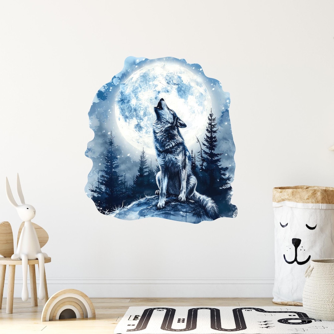 Watercolor Wolf Wall Decal Howling Full Moon Wolf Wall Decor Animal ...