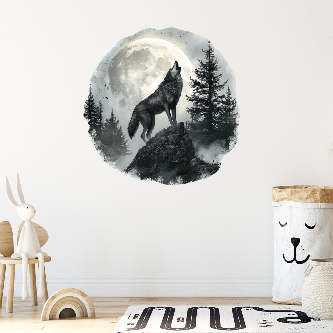 Wolf Wall Decal Howling at Moon Wolf Wall Decor Watercolor Wall Art ...