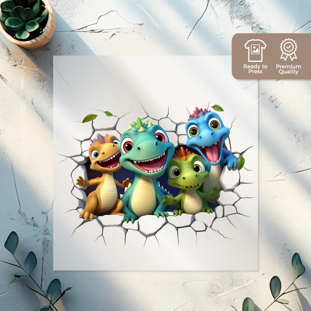 Cartoon Dinosaur DTF Transfer, 3D Dinosaurs Iron on Transfers Design ...