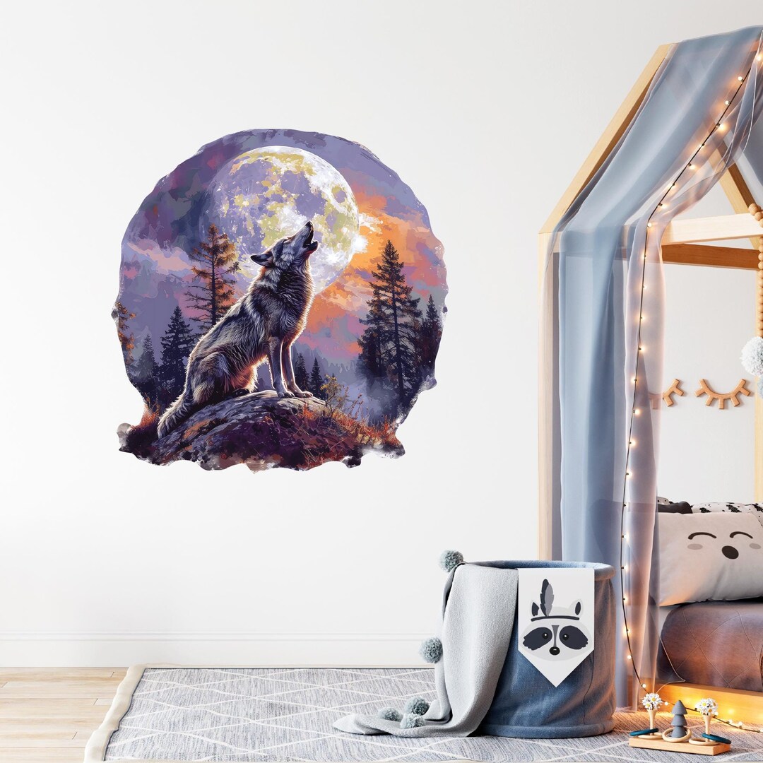 Howling Wolf Wall Decal Forest Wolf Moon Wall Decor Watercolor Wall Art ...