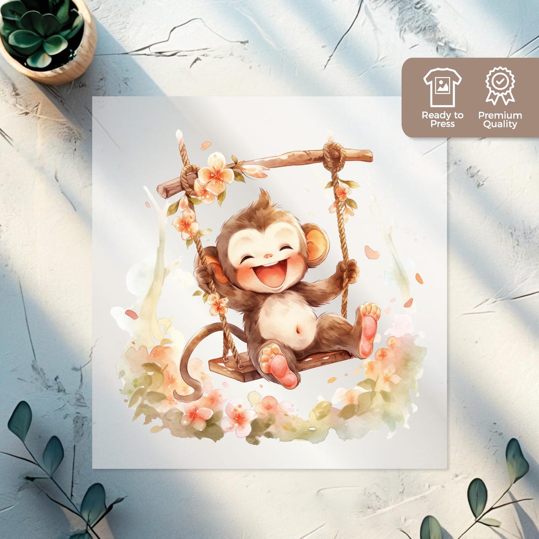 Happy Monkey DTF Transfer, Watercolor Ready-to-press Design for Kids ...