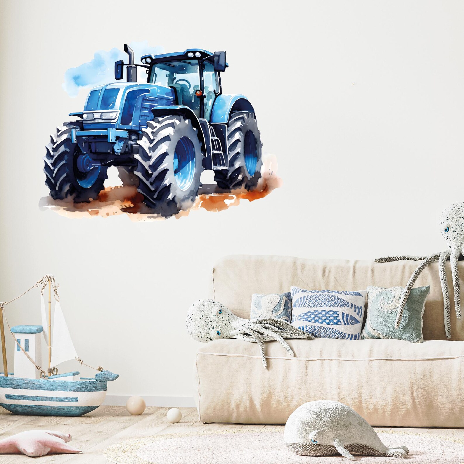 Farm Tractor Wall Decal Watercolor Blue Tractor Wall Decals Nursery ...