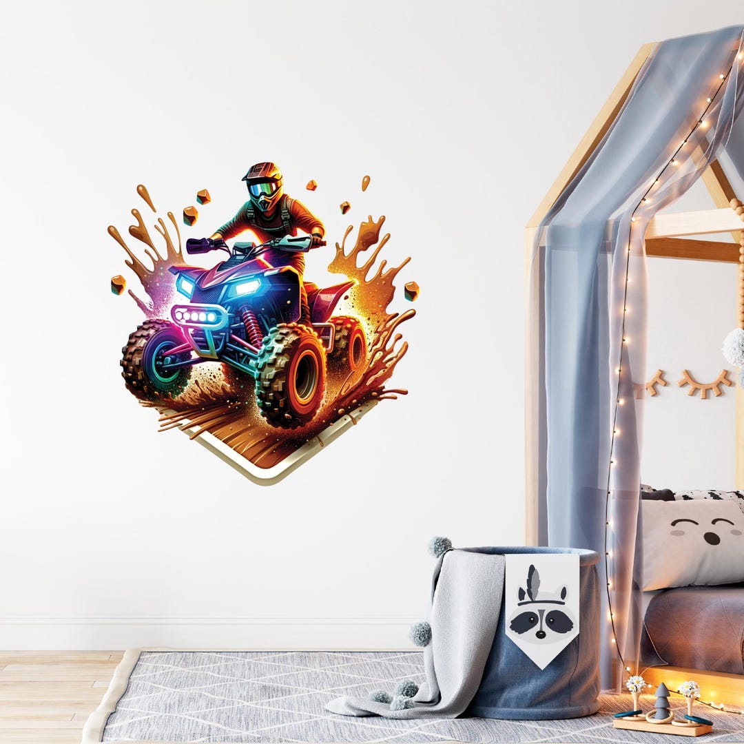 ATV Rider Wall Decal, Watercolor Neon Lights ATV Wall Sticker, Outdoors ...