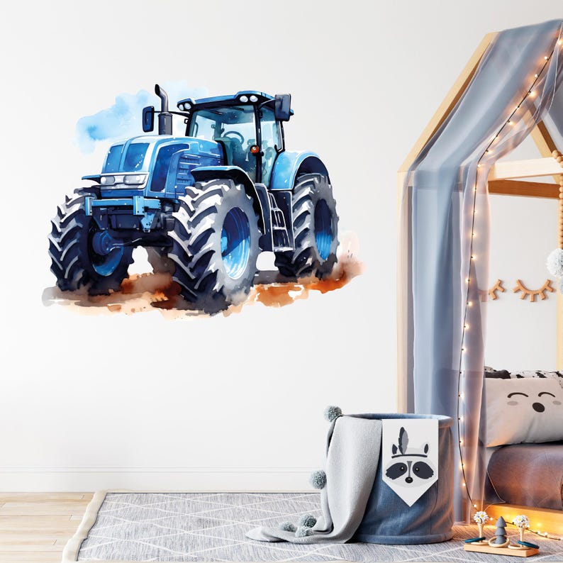 Farm Tractor Wall Decal Watercolor Blue Tractor Wall Decals Nursery ...