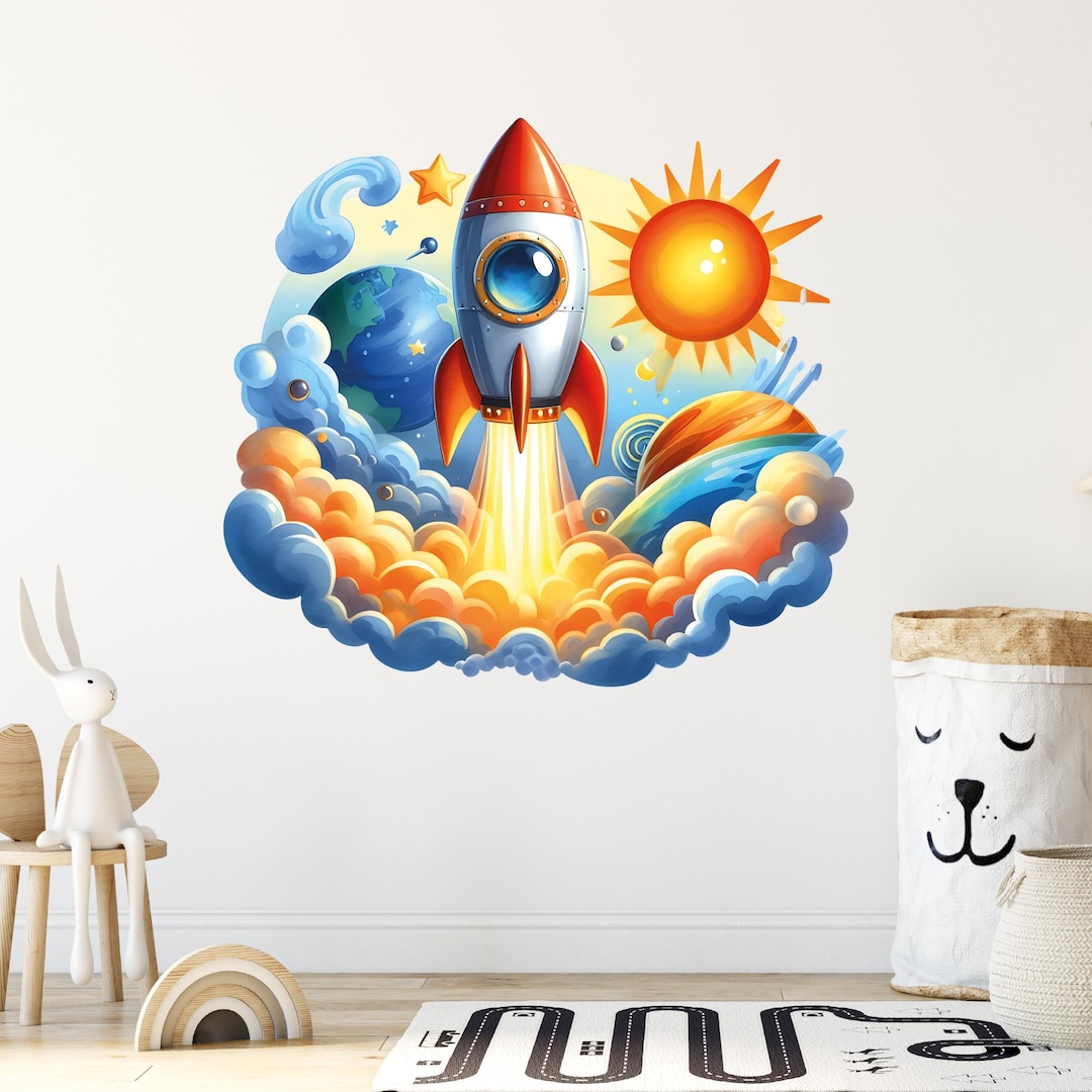 Rocket Wall Decal Watercolor Outer Space Wall Decor Nursery Kids ...