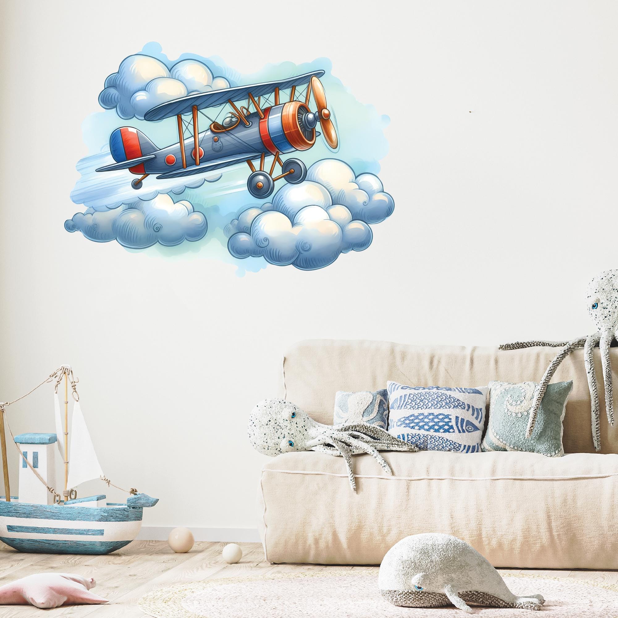 Watercolor Airplane Wall Decal Plane Wall Sticker Clouds Vintage ...