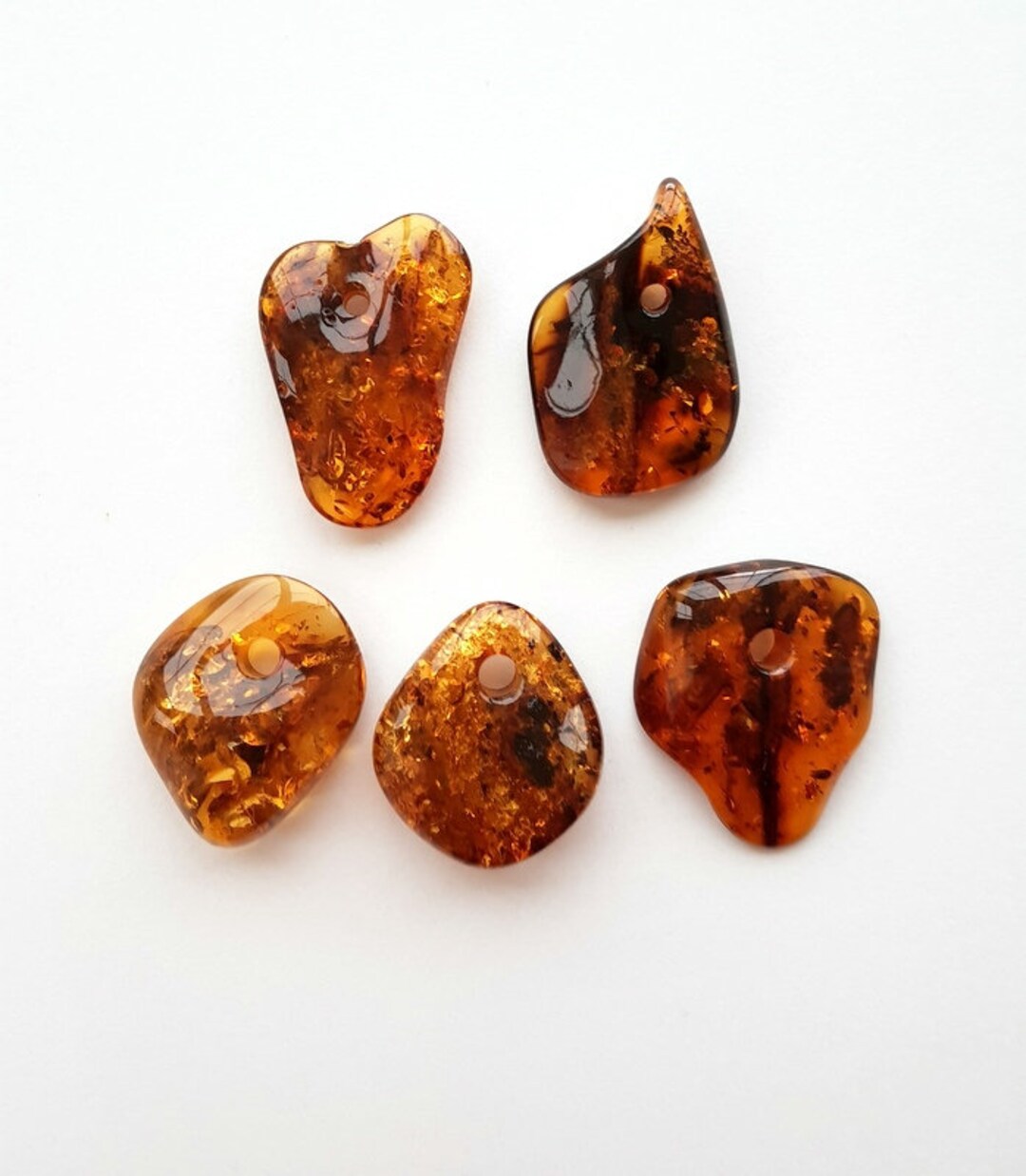 5 Cognac Color Amber Pendants, Amber Pendants, Pendants With Hole ...