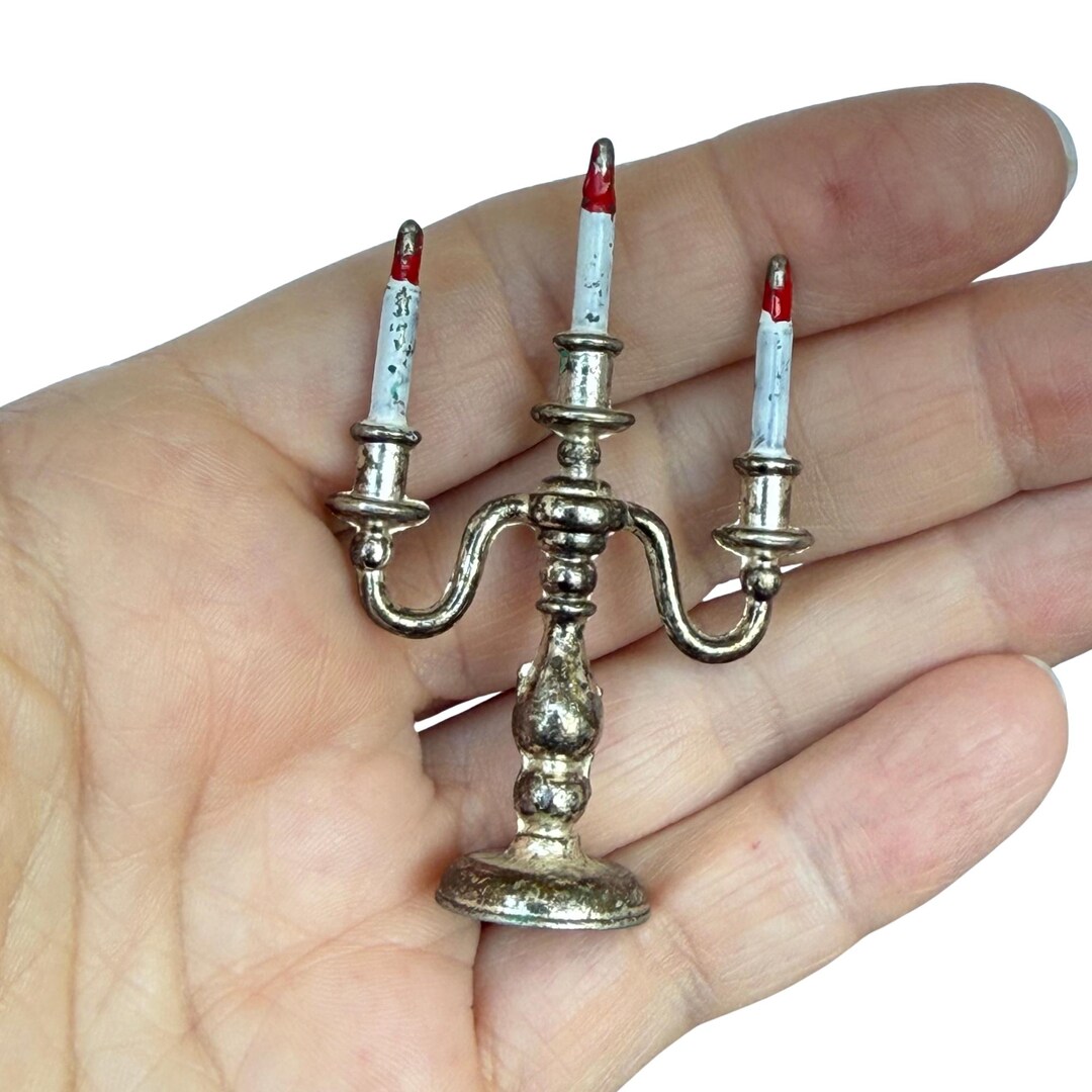 Vintage Tarnished Metal Dollhouse Candelabra • 1:12 Miniature Three-arm ...