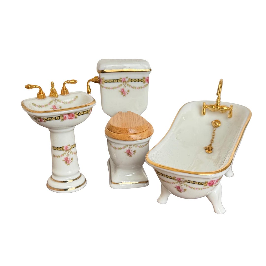 German Reutter Victorian Rose Dollhouse Bathroom Set – Porcelain Sink ...