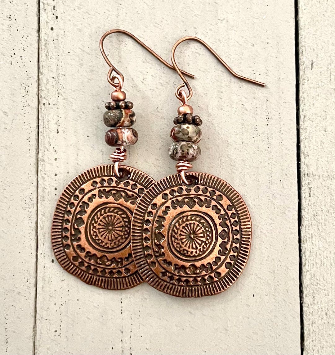 Copper Charm Earrings, Stacked Leopard Jasper Beads, Antiqued Copper ...