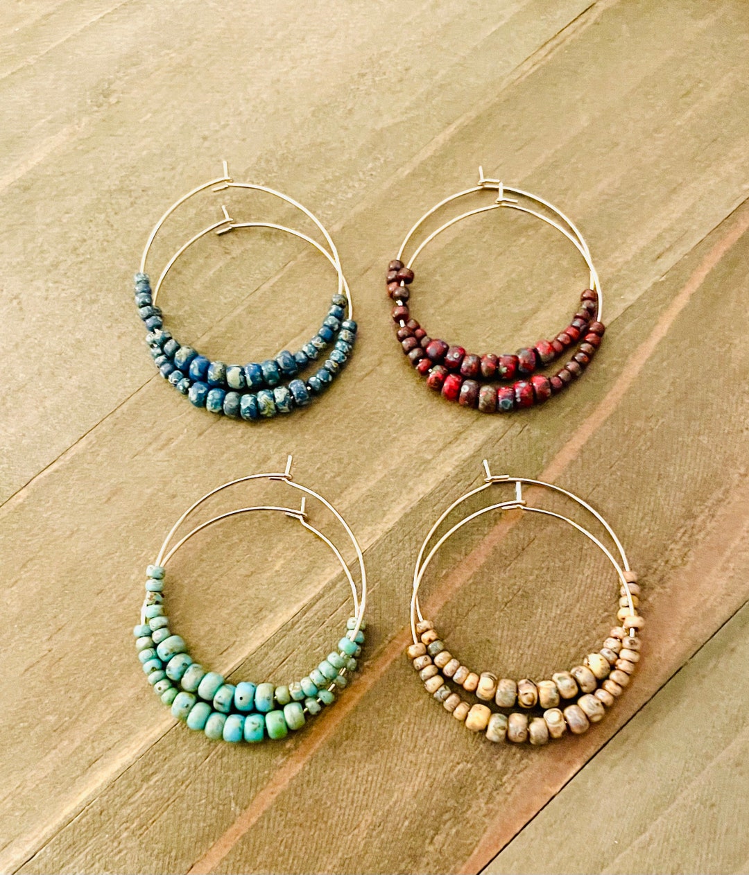 Gold Picasso Bead Hoop Earrings, Seed Bead Hoop Earrings, Boho Hoop ...