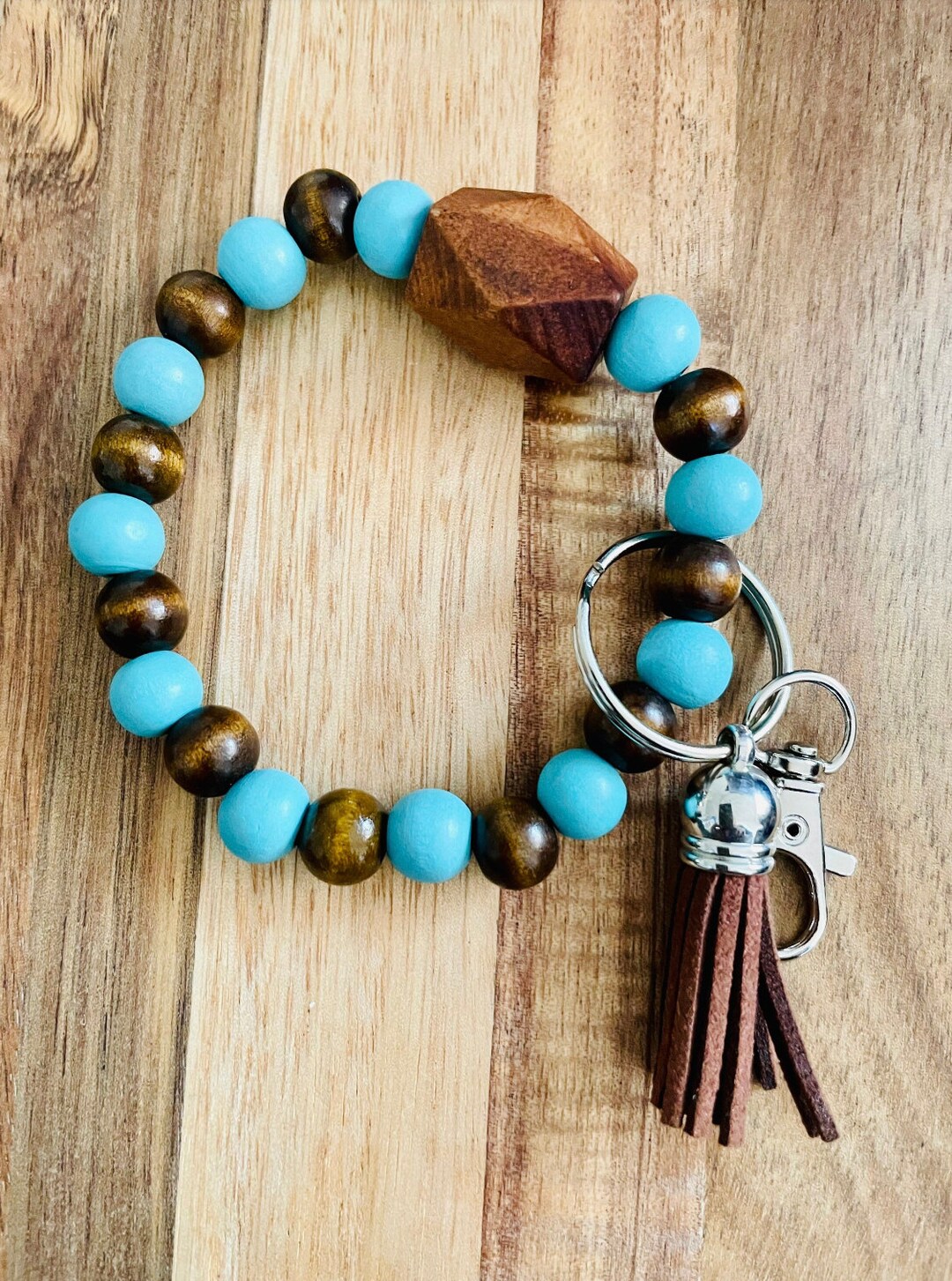 Beaded Keychain Wristlet, Chunky Wood Bead Wristlet, Wood Bracelet ...