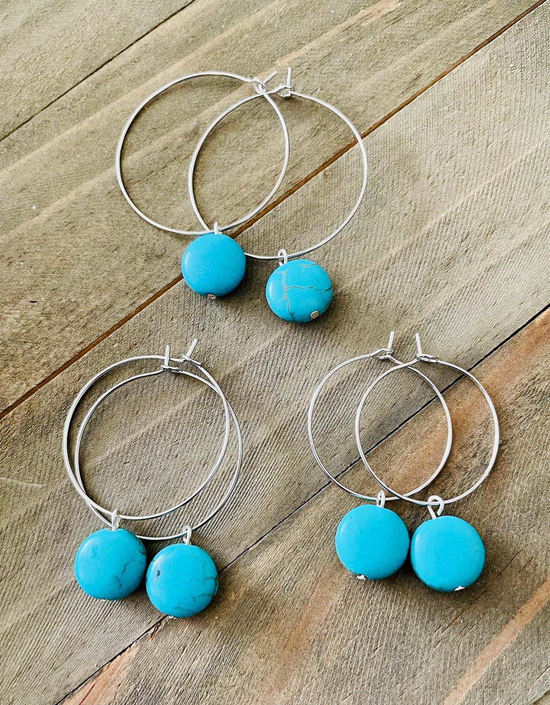 Beaded Hoop Earrings, Silver Hoop Earrings, Wagnerite Turquoise Hoop ...