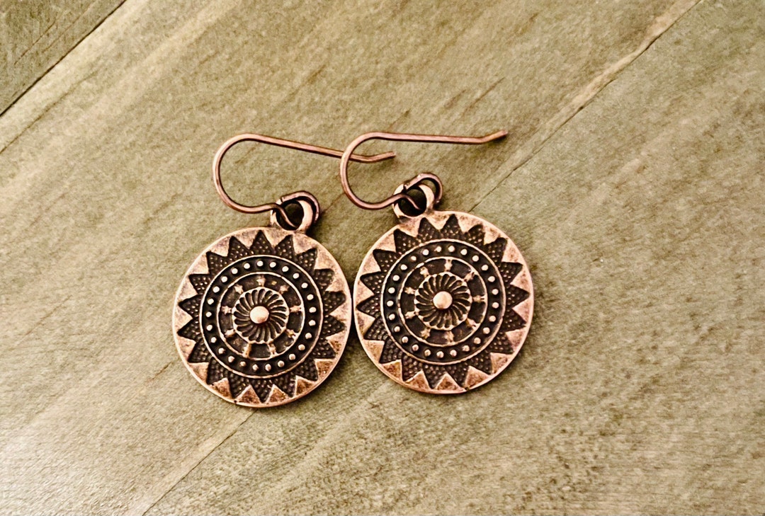 Copper Disc Earrings, Copper Medallion Earrings, Antiqued Copper Disc ...