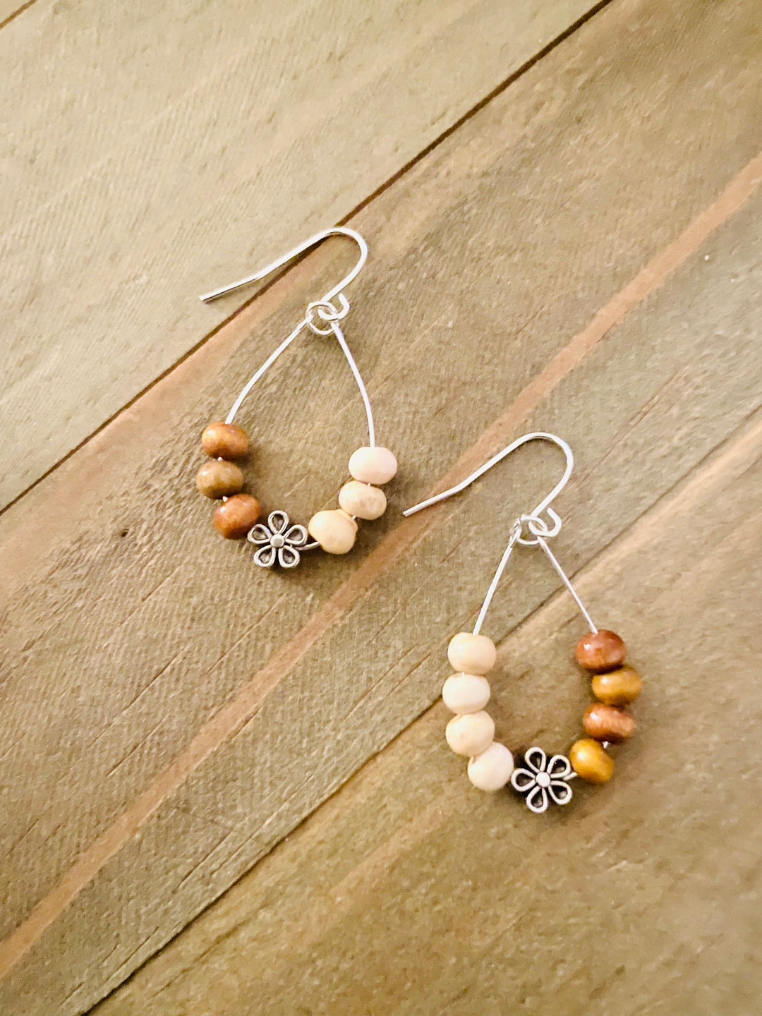 Beaded Hoop Earrings, Small Wood Teardrop Hoop Earrings, Wood Bead ...