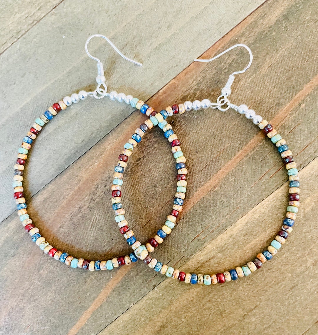 Large Tan Picasso Bead Hoop Earrings, Multicolored Beaded Hoop Earrings ...