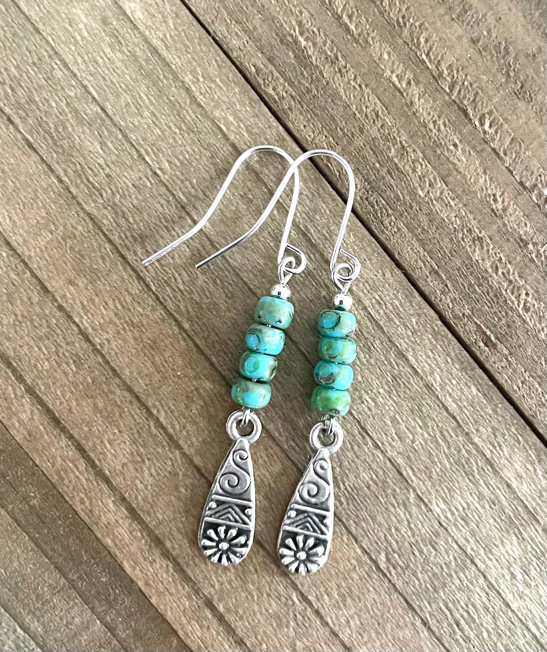 Dangling Silver Earrings, Dainty Turquoise Picasso Seed Bead Earrings, Tiny Silver Unique ...