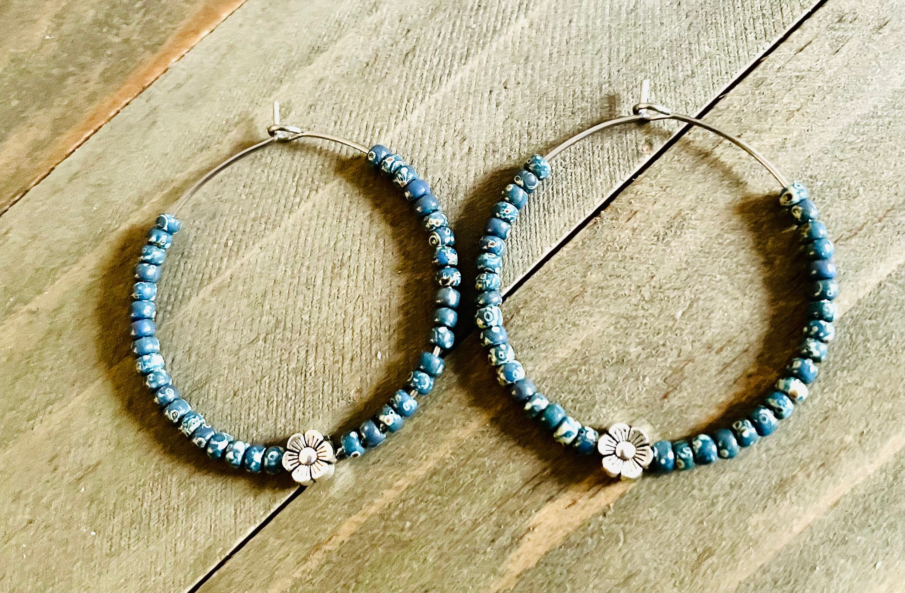 Beaded Hoop Earrings Blue Seedbead Hoop Earrings Blue - Etsy