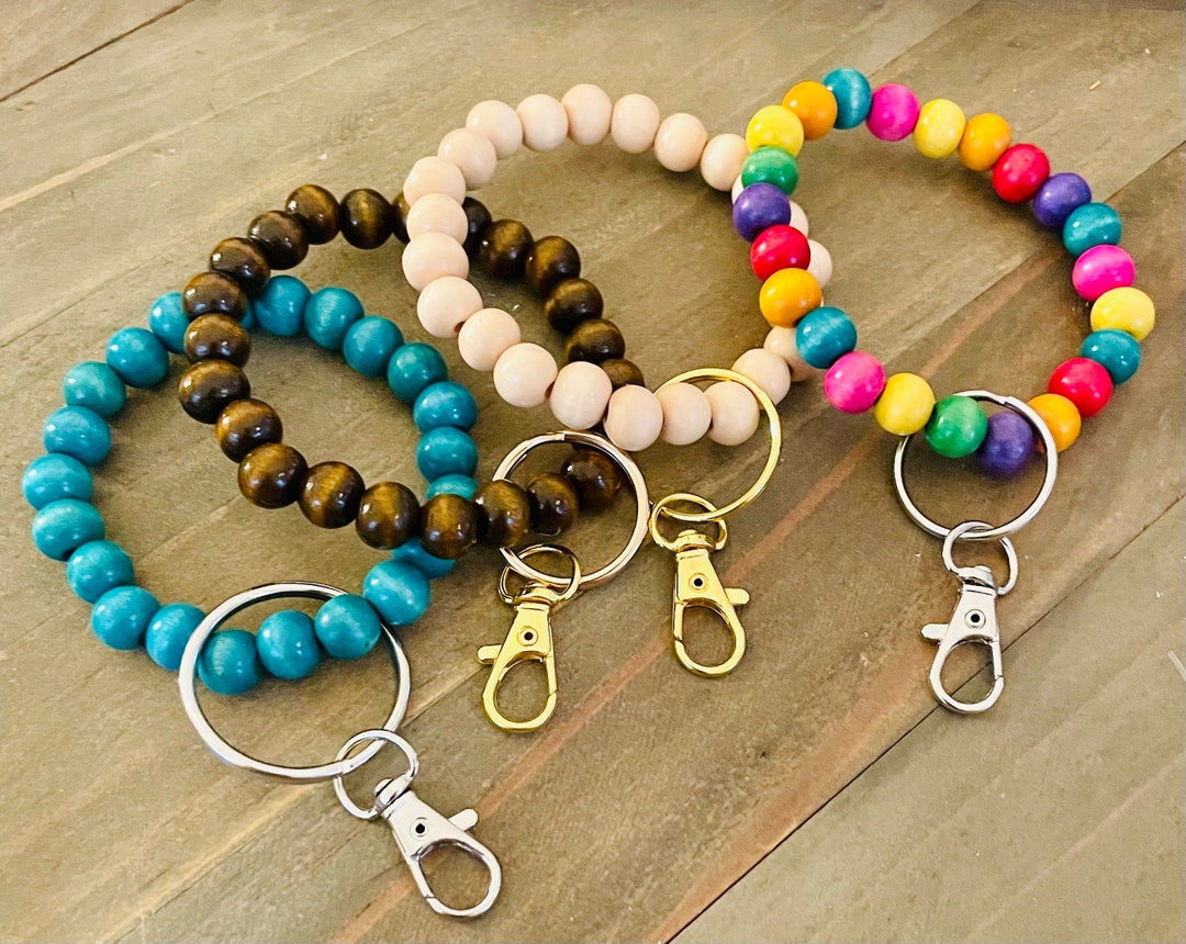 Beaded Keychain Wristlet, Chunky Wood Bead Wristlet, Wood Bracelet ...