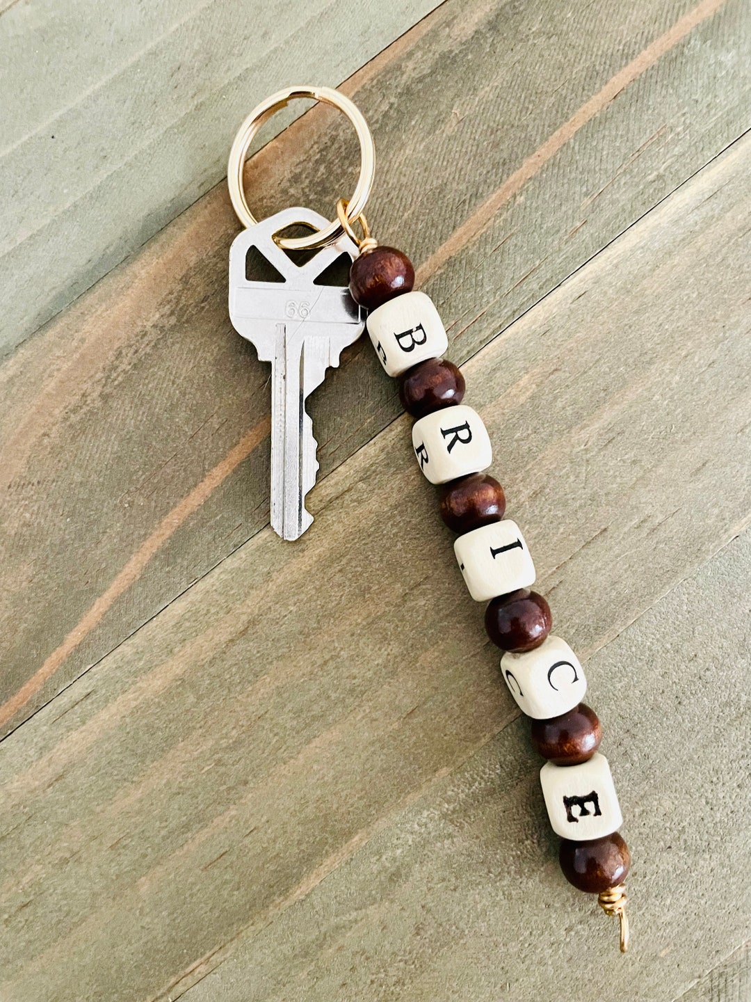 Personalized Name Wood Bead Gift for Him, Handmade Beaded Keychain ...