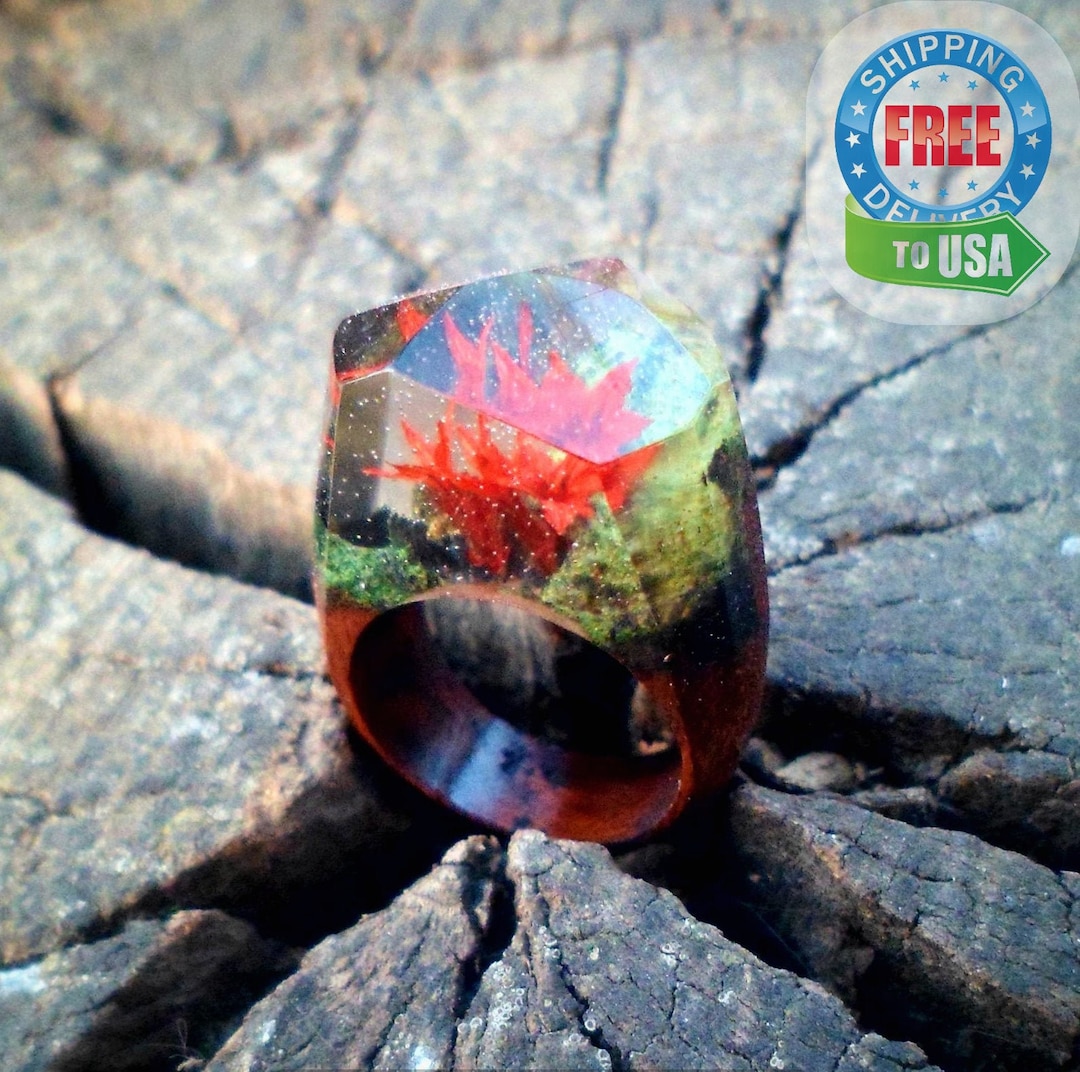 Wood Resin Ring, Flower Resin Rings, Nature Ring, Wood Resin Jewelry ...