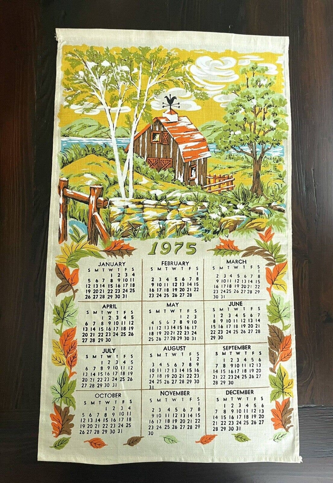 1975 Weather Vane Rooster Barn Linen Kitchen Calendar Towel Vintage ...