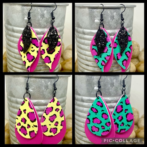 Leopard Leather Earrings Neon Leopard Earrings Glitter | Etsy