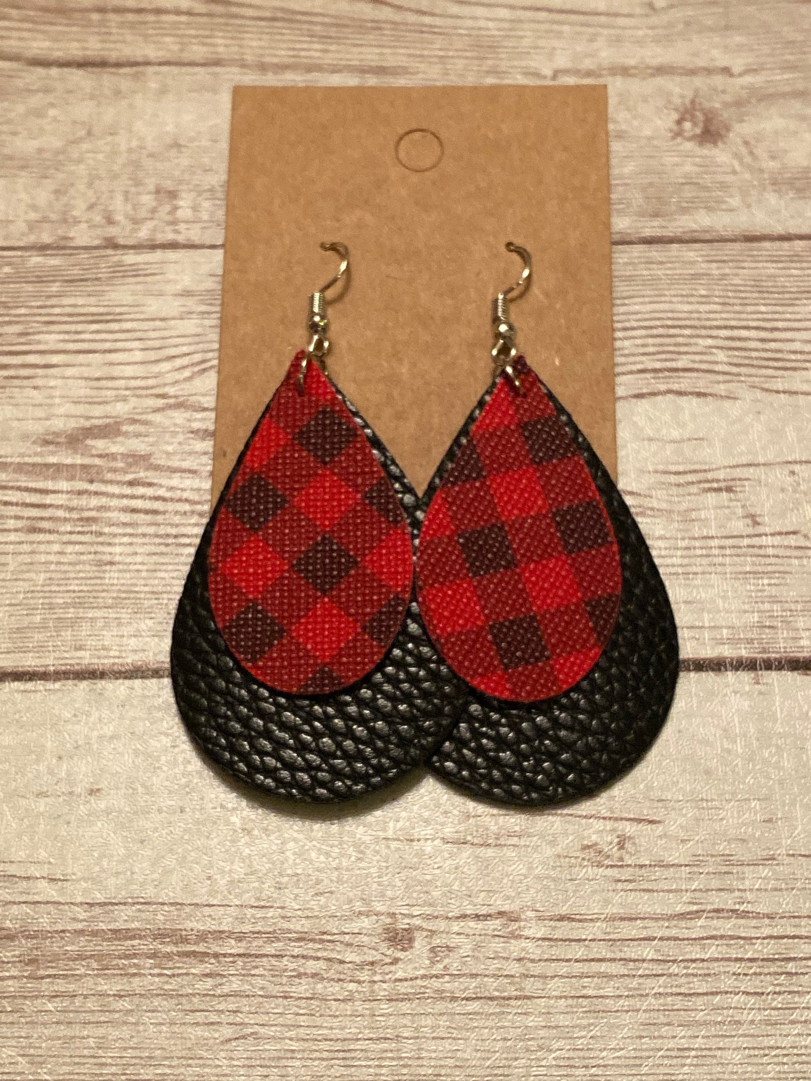 Plaid Leather Earrings Double Layer Teardrop Earrings - Etsy