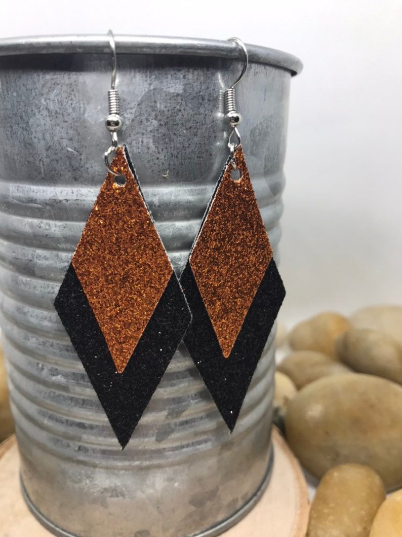 Double Layer, Leather Diamond Shape Earrings, Fall, Halloween, Glitter ...