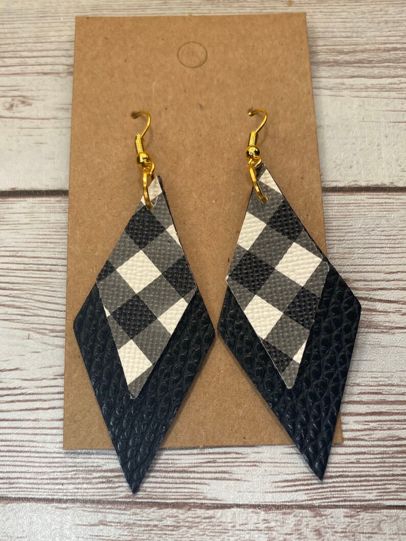 Plaid leather earrings Buffalo plaid earrings white black | Etsy