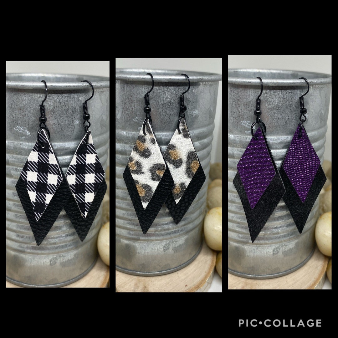 Leather Earrings, Plaid Leather Earrings, Diamond Shape Leather ...