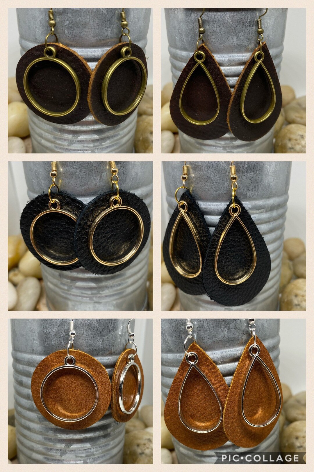 Genuine Leather Shape, Circle, Teardrop, Metal Charm Earrings, Black ...