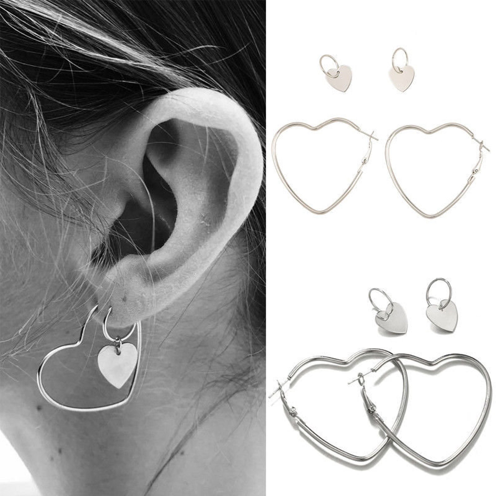 Heart hoop earrings double heart earrings valentines day | Etsy