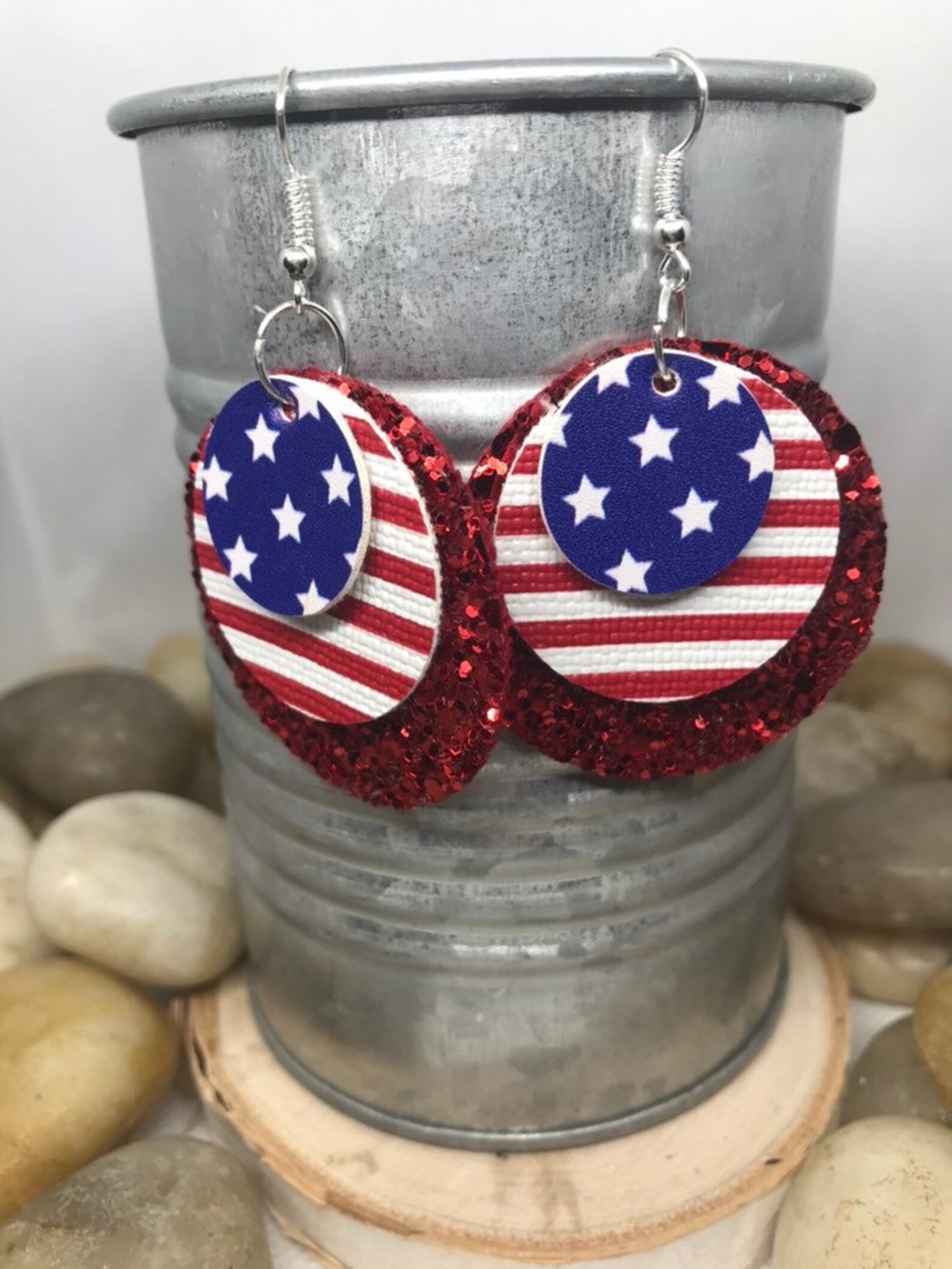 Patriotic Leather Earrings American Flag Triple Layer Circle - Etsy